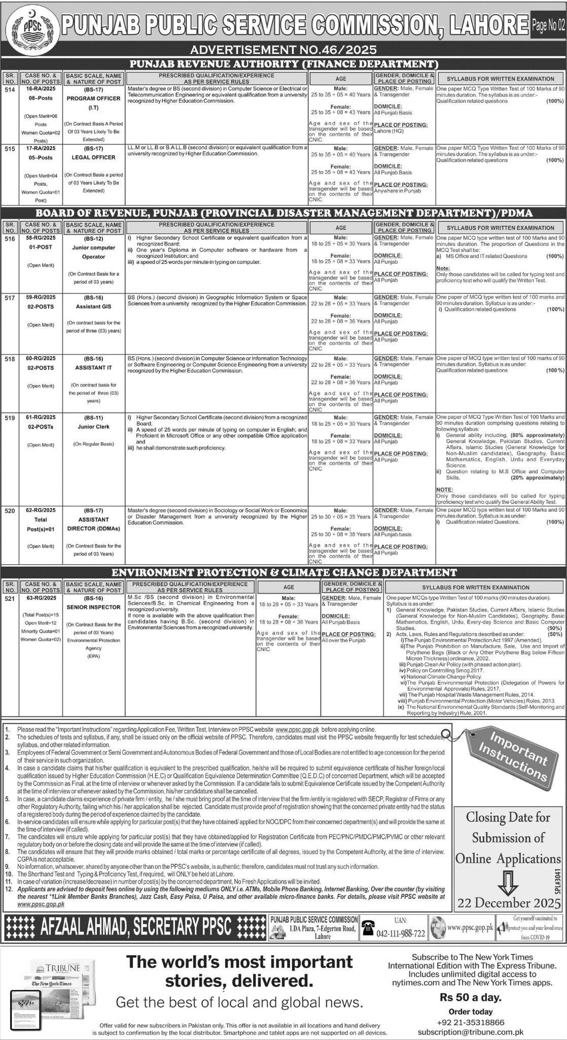 PPSC Advertisement No. 46/2025 Jobs 2025 Punjab Public Service ...