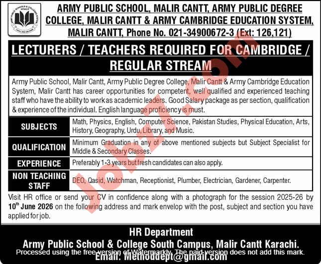 Army Public School & College Jobs 2026 Teaching & Non Teaching Staff ...