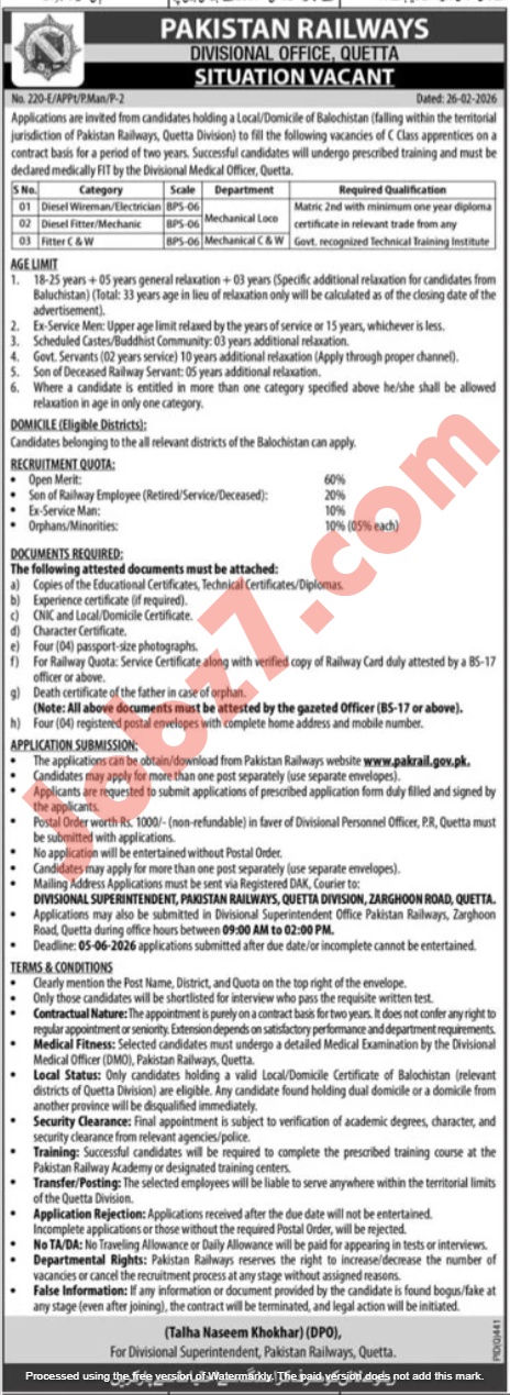 Pakistan Railways Jobs Notice May 2026 Career Opportunities - Jobz7.com