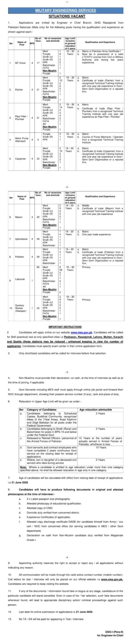 Jobs At Military Engineering Services MES Rawalpindi 2026 Apply Online ...