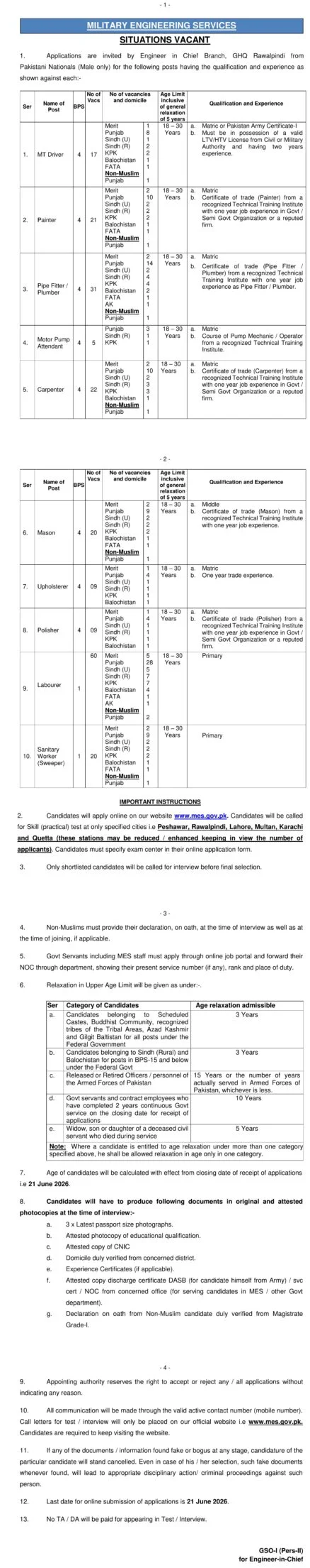 Jobs At Military Engineering Services MES Rawalpindi 2026 Apply Online ...